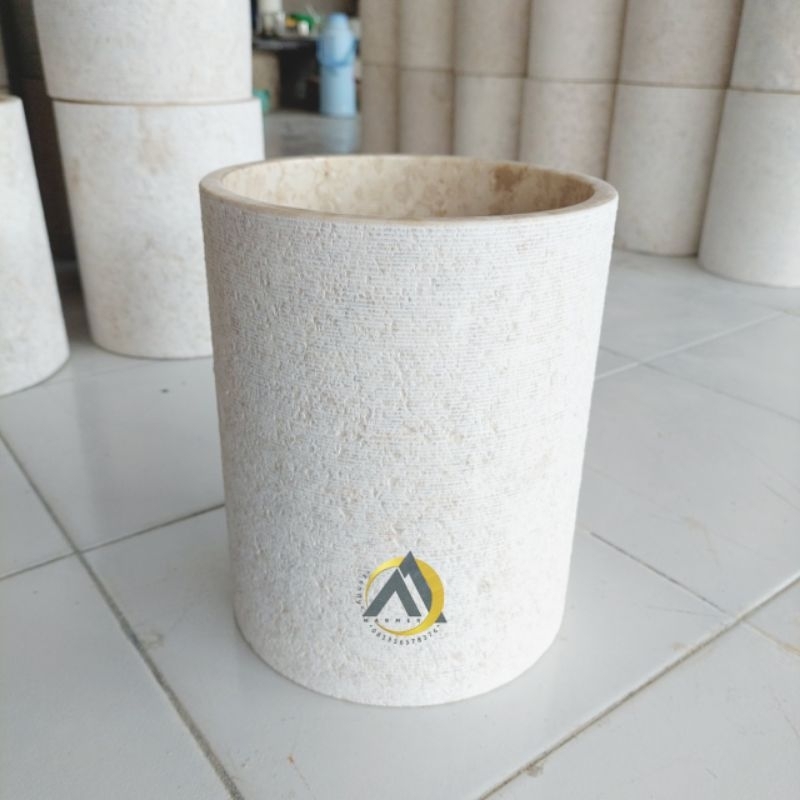 Jual Tempat sampah/tempat penyimpanan bulat tabung batu marmer putih ...