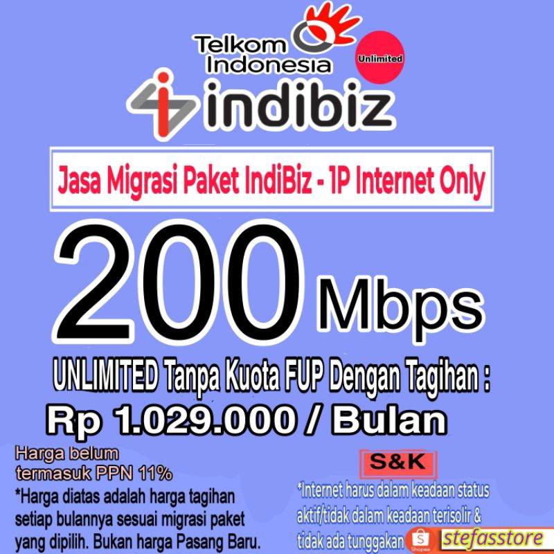 Jual MIGRASI INDIBIZ PAKET 1P INTERNET ONLY SPEED 200 MBPS UPGRADE/DOWNGRADE | Shopee Indonesia
