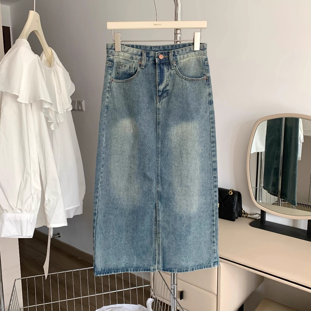 Jual Rok Denim Longgar Pinggang Tinggi Retro Rok Belahan A-line Wanita ...