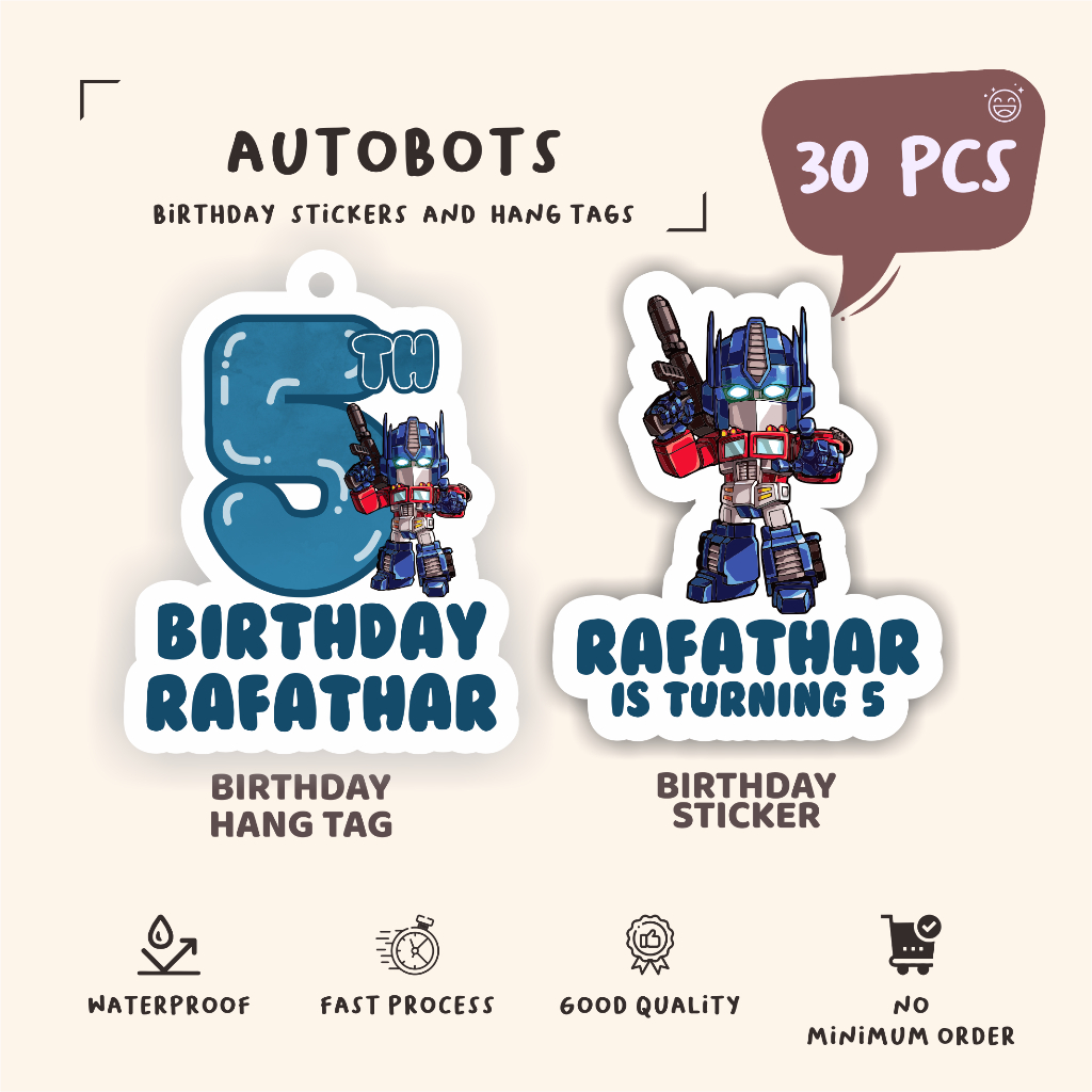 Jual (30pcs)label hang tag AUTOBOTS /lucu cetak hang tag ulang tahun ...