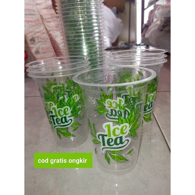 Jual [ isi 50 ] gelas ice tea 16 oz gelas es teh gelas motif daun teh ...