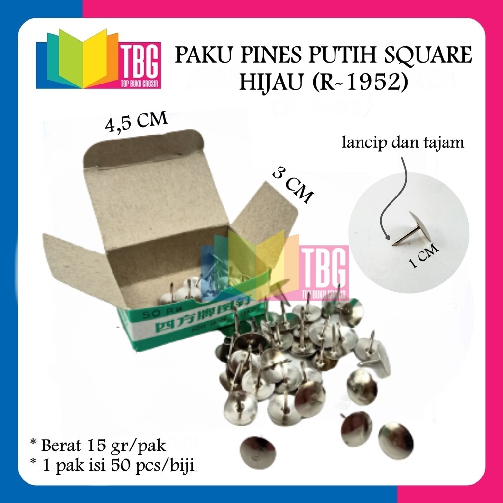 Jual 1 KOTAK PAKU PINES PUTIH SQUARE HIJAU / PAKU PAYUNG / PUSH PIN ...
