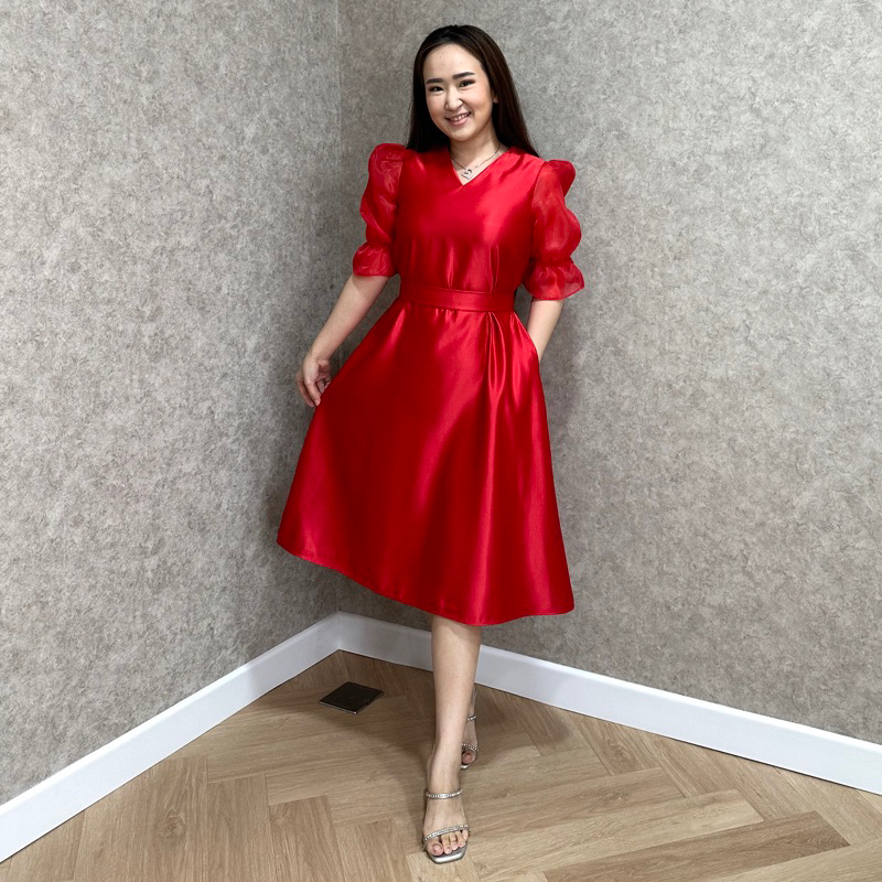 Jual Bea Dress Midi VNeck Lengan Balon A Line Bumil Friendly Dres Terusan Gaun Pesta Wanita ...