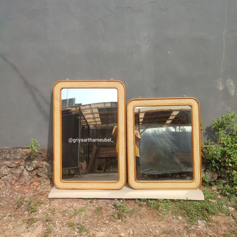 Jual cermin frame kayu jati kombinasi rotan / cermin dinding aesthetic ...
