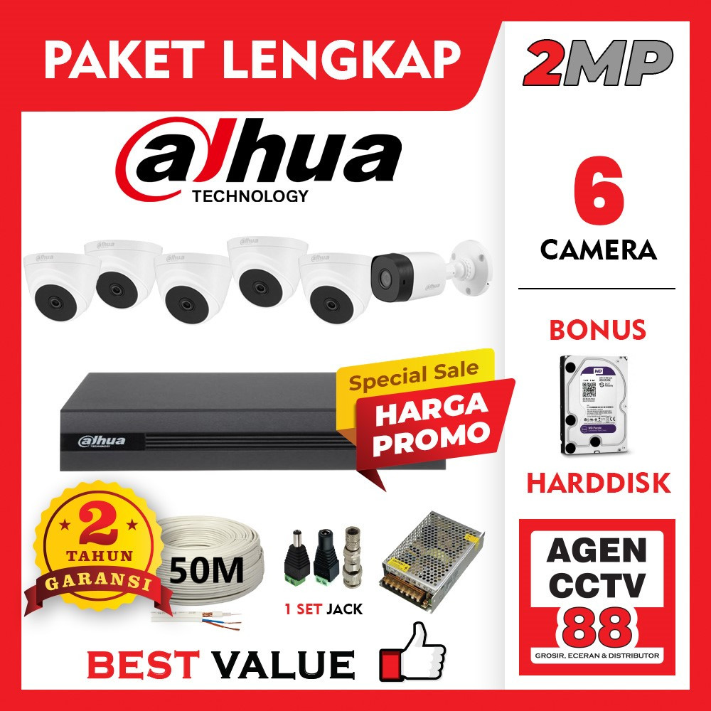 Jual Paket Lengkap CCTV DAHUA 6 Channel Kamera 2MP FREE Kabel +Harddisk HDD | Shopee Indonesia