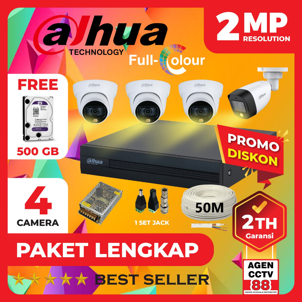 Jual Paket CCTV DAHUA 4 Channel Kamera FULL COLOR Colorvu 2MP Kabel 50M ...