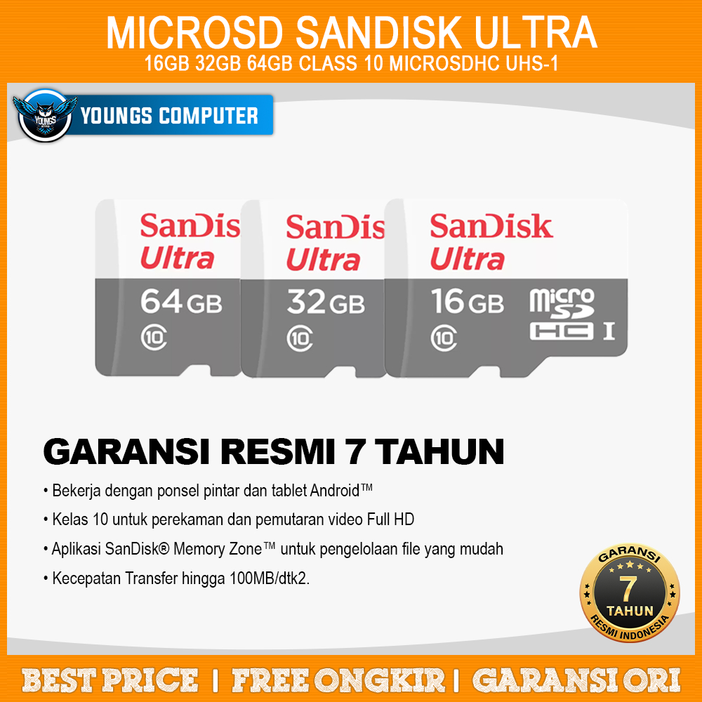 Jual MicroSD SanDisk Ultra 16GB 32GB 64GB 128GB Class 10 100Mbps ...