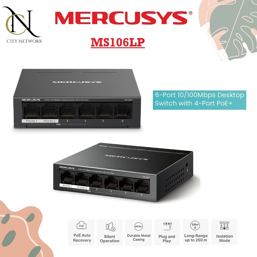 Jual MERCUSYS MS106LP 6-Port 10/100Mbps Desktop Switch with 4-Port PoE+ ...