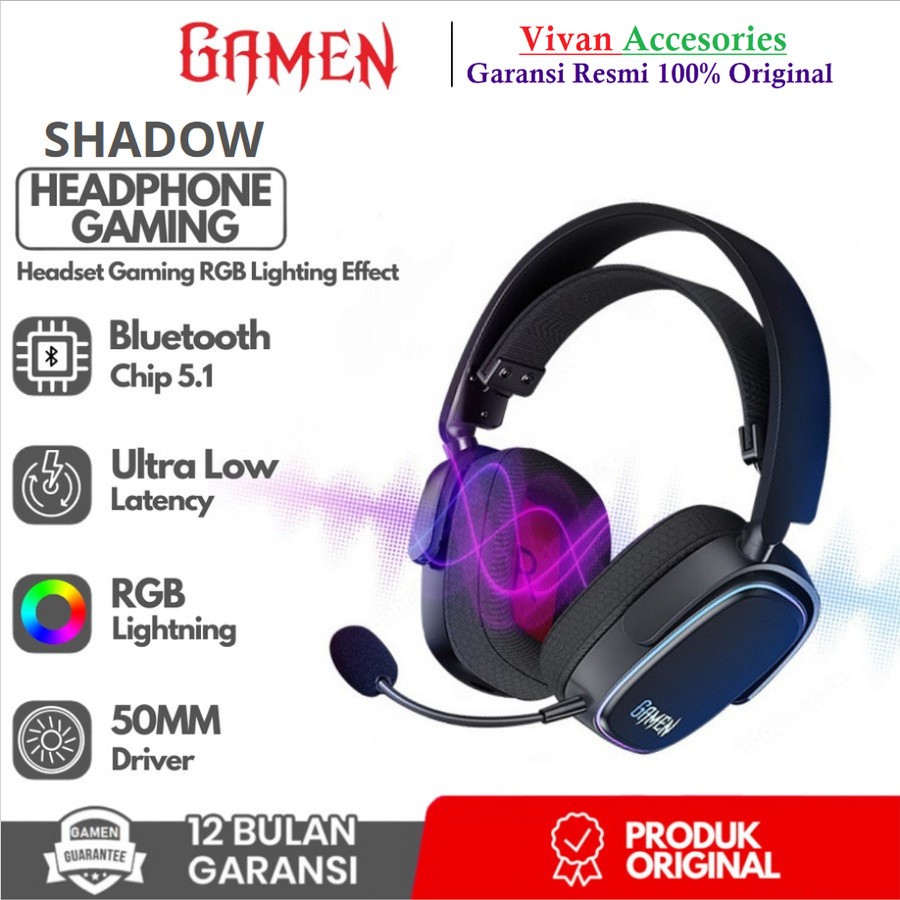 Jual GAMEN SHADOW Headset Gaming Wireless Headphone Bluetooth With Mic ...