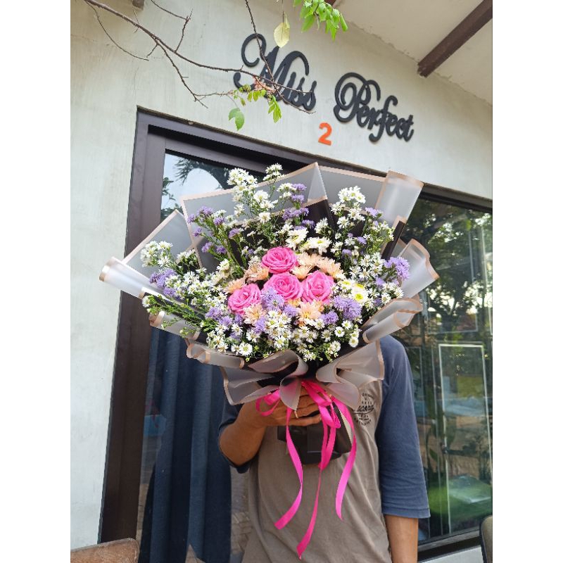 Jual fresh flower rose bouquet mix aster buket bunga mawar asli segar ...