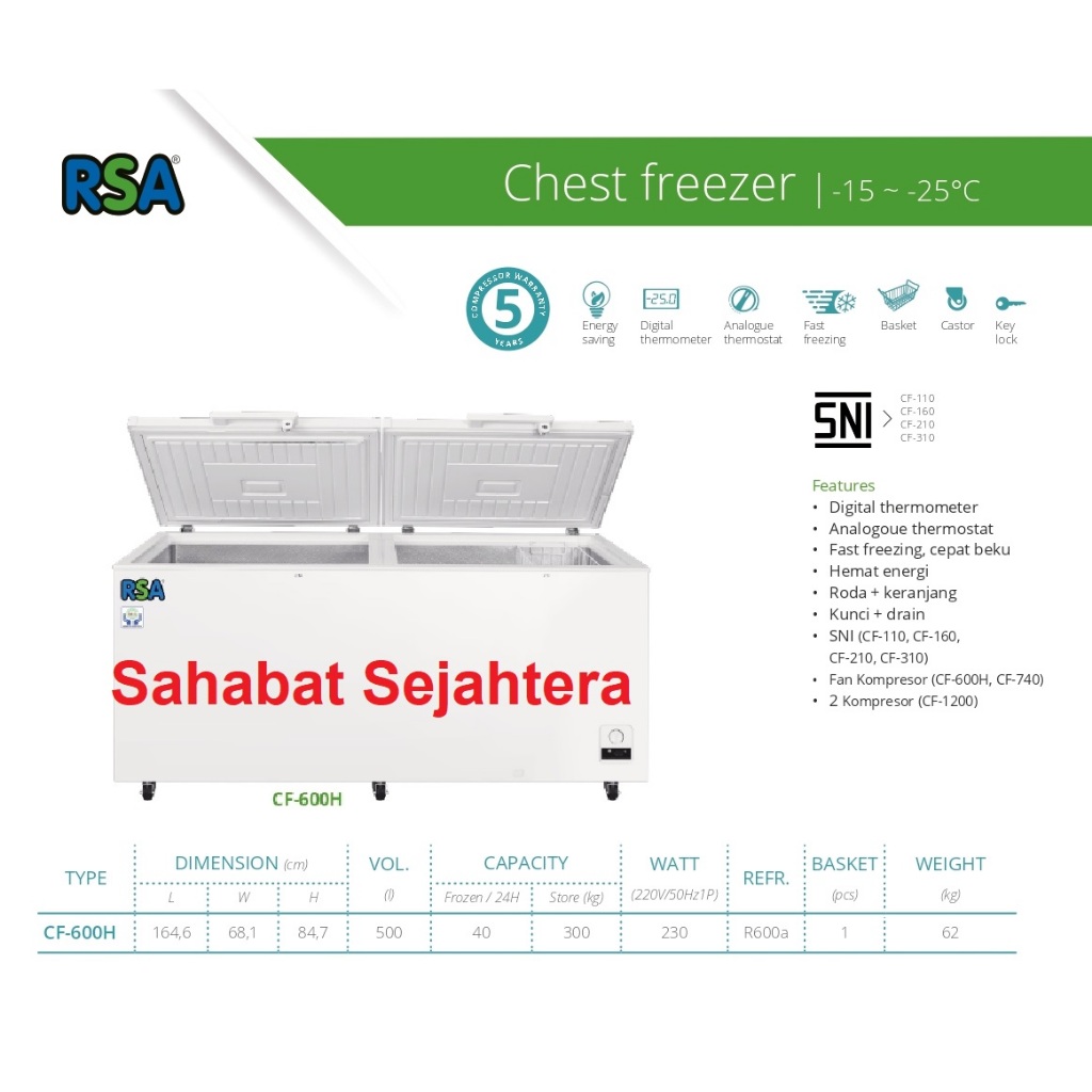 Jual RSA Chest Freezer CF-600H Freezer 2 Pintu Kapasitas 500 Liter | Shopee Indonesia