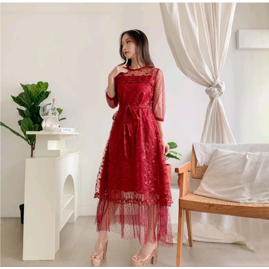 Jual Baju Dress Pesta Natal Wanita Remaja Korea Adem Mewah Elegan ...