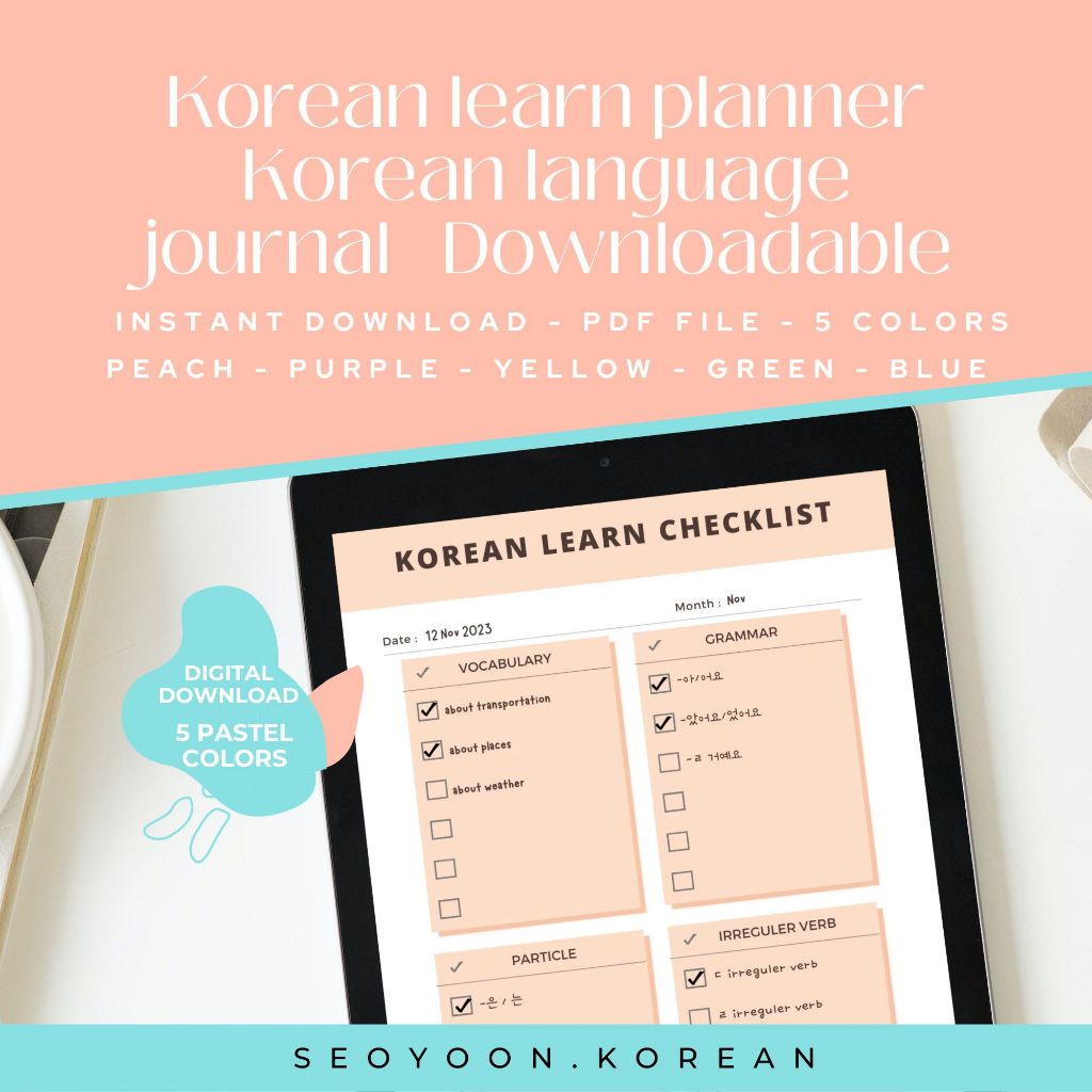 Jual Learn Korean Planner Bundle - Daily Language Study Tracker, Pastel ...