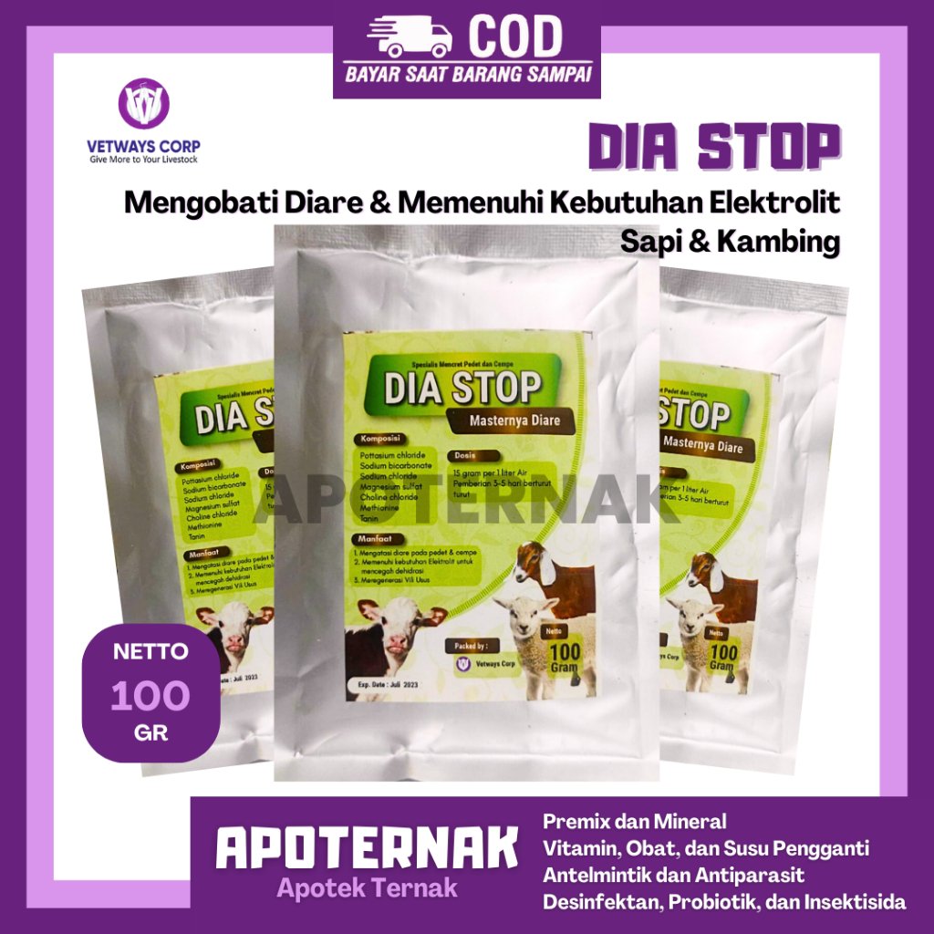 Jual DIA STOP 100 gr ORI - Obat Diare Mencret Dehidrasi Ternak Sapi ...