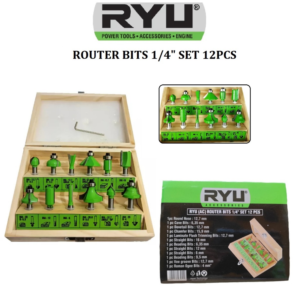 Jual Ryu Mata Profil Router 1/4 Inch 12 Pcs Trimmer Bits Kayu Bit Set ...