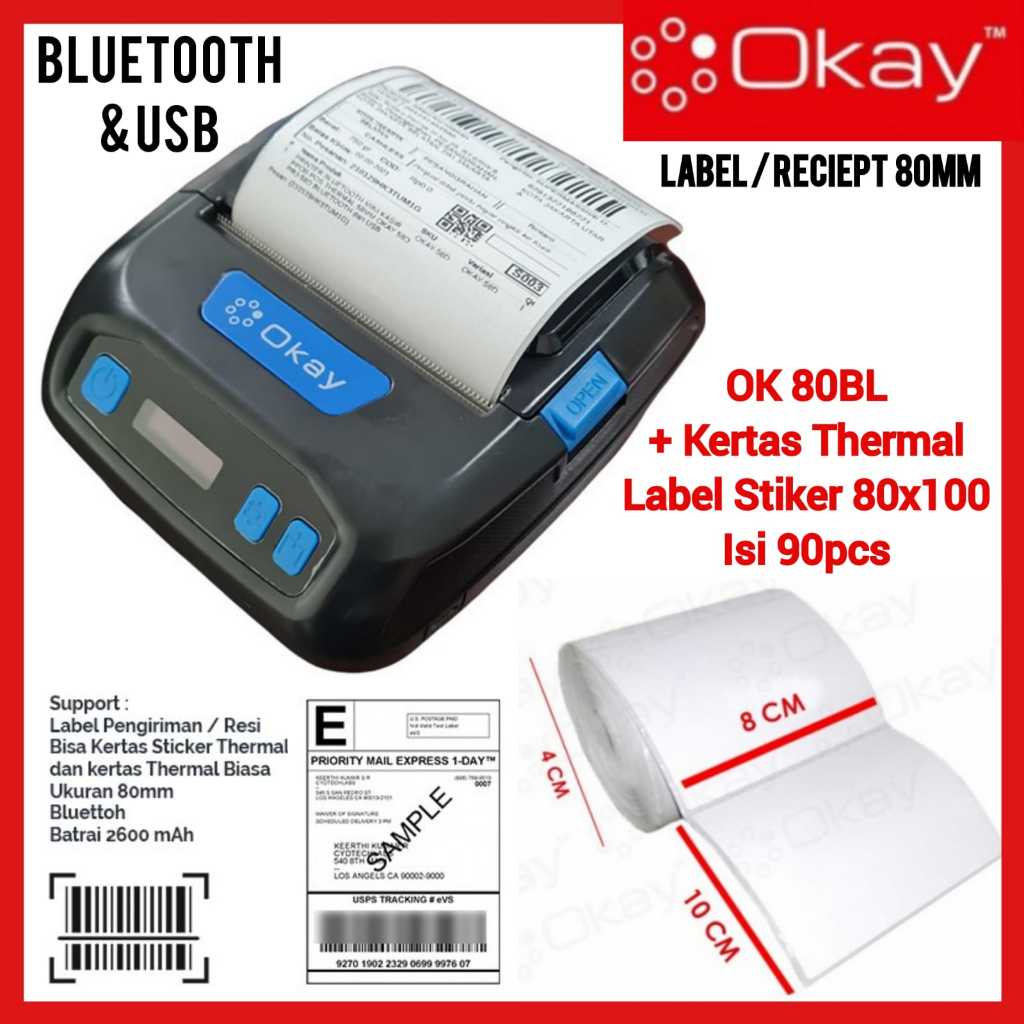 Jual OKAY OK 80BL + KERTAS THERMAL LABEL STIKER 80X100MM ISI 90PCS ...