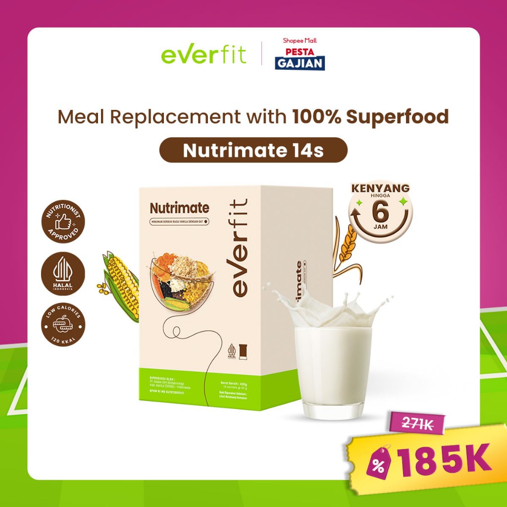 Jual Everfit Nutrimate Meal Replacement dengan Oat Isi 14 Sachet Rasa Cokelat dan Vanila ...