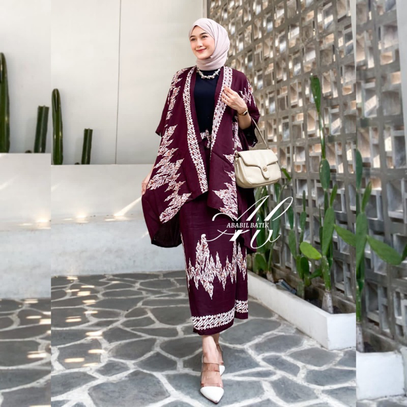 Jual Outfit Kondangan Simpel One Set Batik Outer Rok Lilit Kimono ...