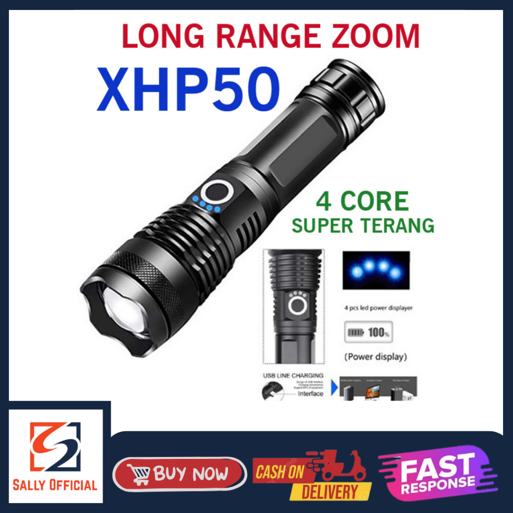 Jual Senter LED XHP50 Long Range Rechargeable USB P50 Police SWAT P50 ...