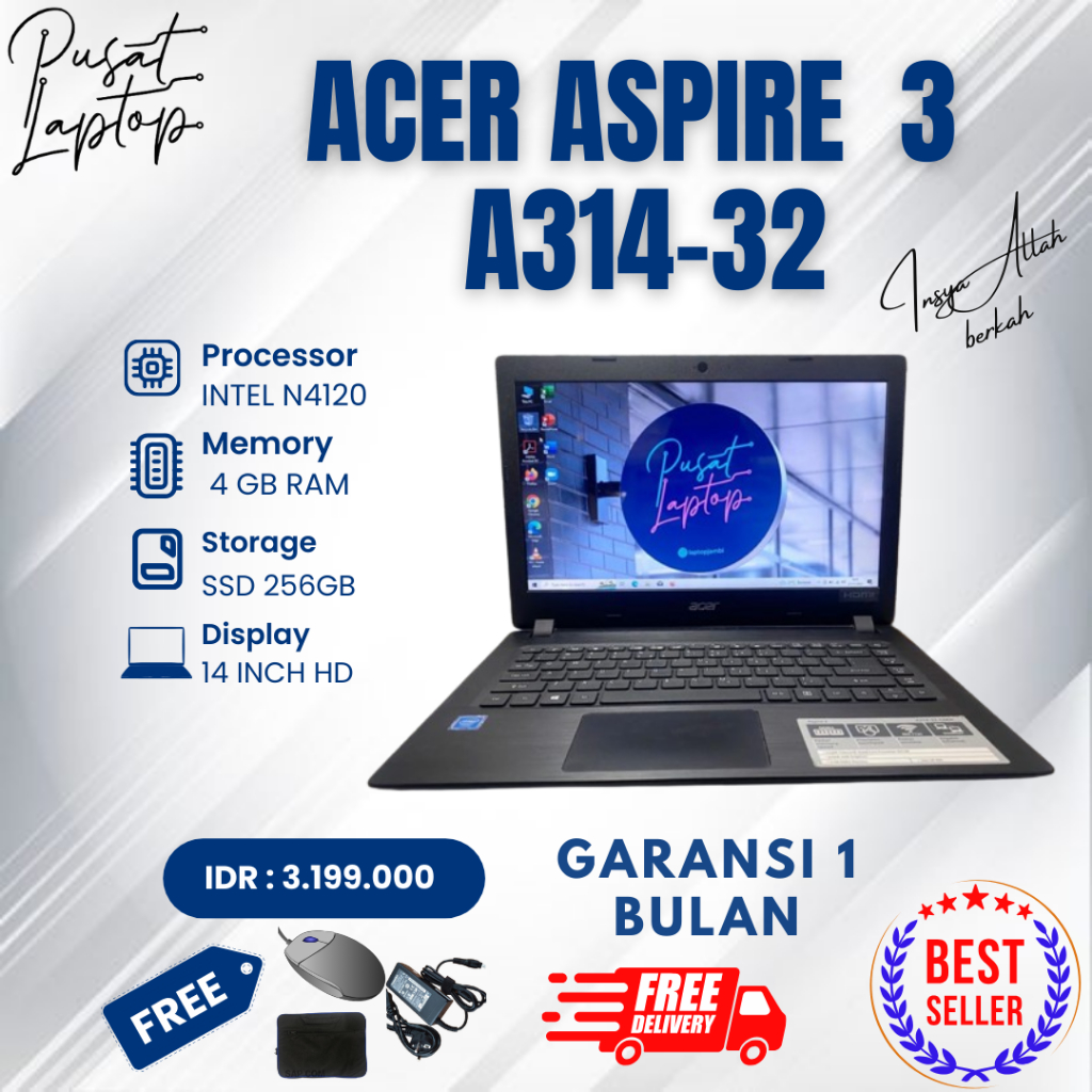 Jual LAPTOP ACER ASPIRE 3 A314-32 | INTEL N4120 | RAM 4GB | SSD 256GB ...
