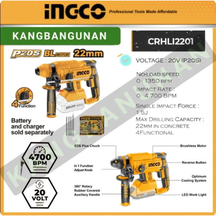 Jual MESIN ROTARY HAMMER CORDLESS 20V BRUSHLESS / BOBOK BOR INGCO ...