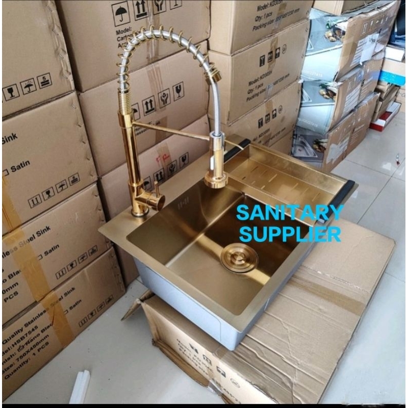 Jual Kitchen sink 6045 gold lengkap kran flexible/kran tarik/kran pipa ...