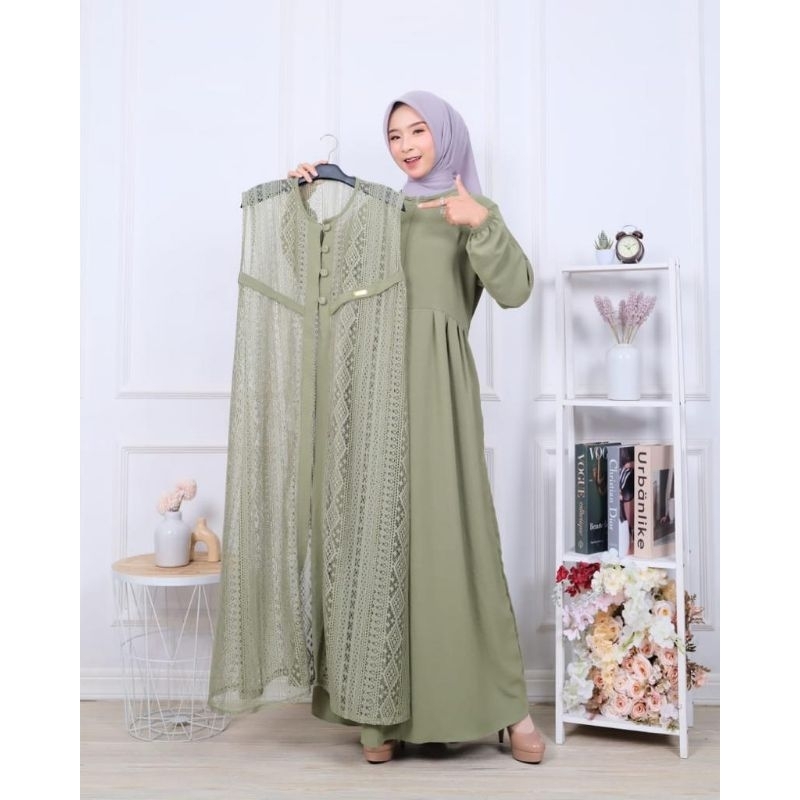 Jual Gamis Premium 2 in 1 Crinkle Airflow Outer Brukat Malika Lace ...