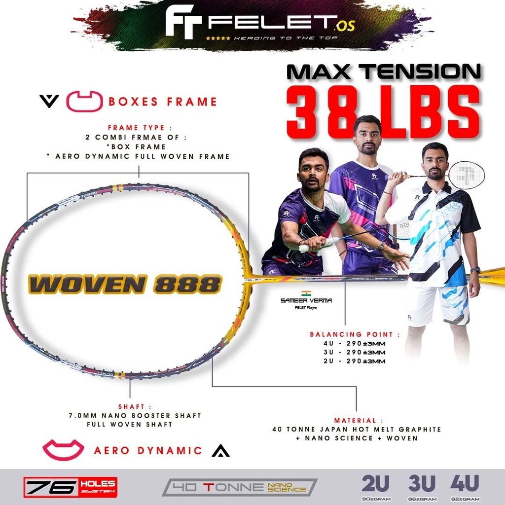 Jual Felet Woven 888 Used By Sameer Verma Badminton Racket Max38lbs ...