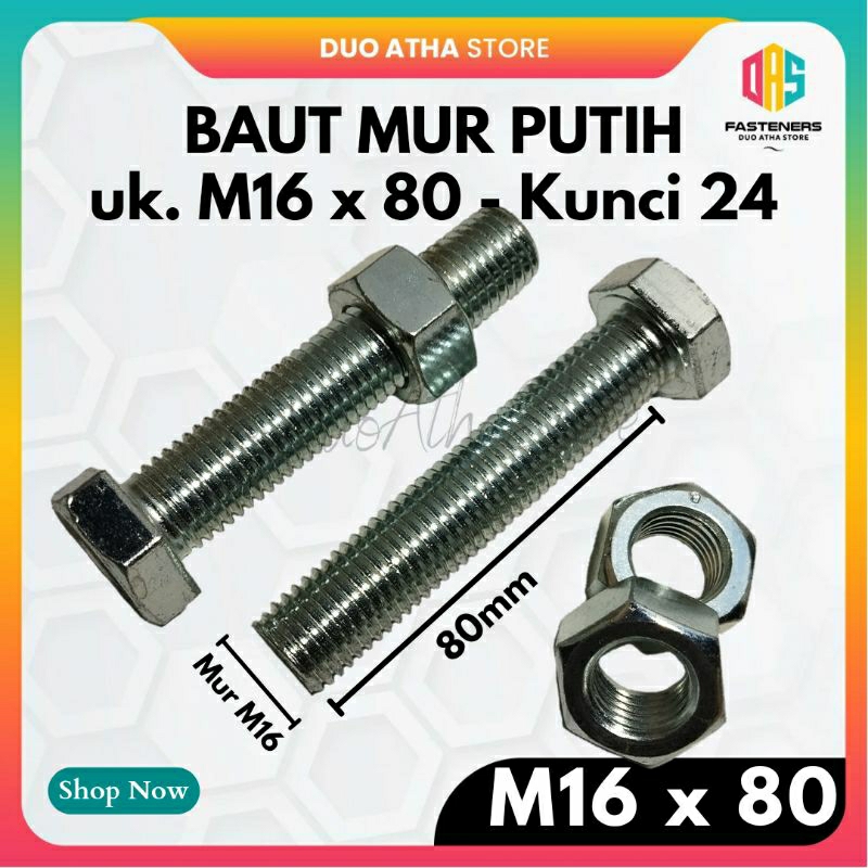 Jual M16x80 Baut Mur Putih M16 x 80 BMP M16x80 Galvanis Putih Kunci 24 | Shopee Indonesia