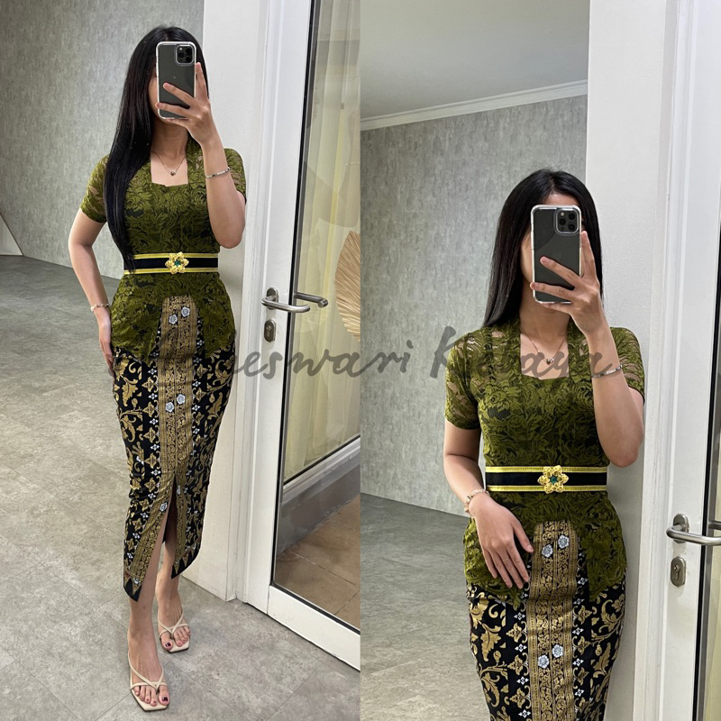 Jual Kebaya Bali Set Brukat Pendek Hijau Army | Shopee Indonesia