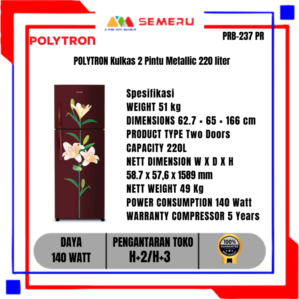 Jual POLYTRON Kulkas 2 Pintu Metallic 220 liter PRB 237 PRB-237 PR ...