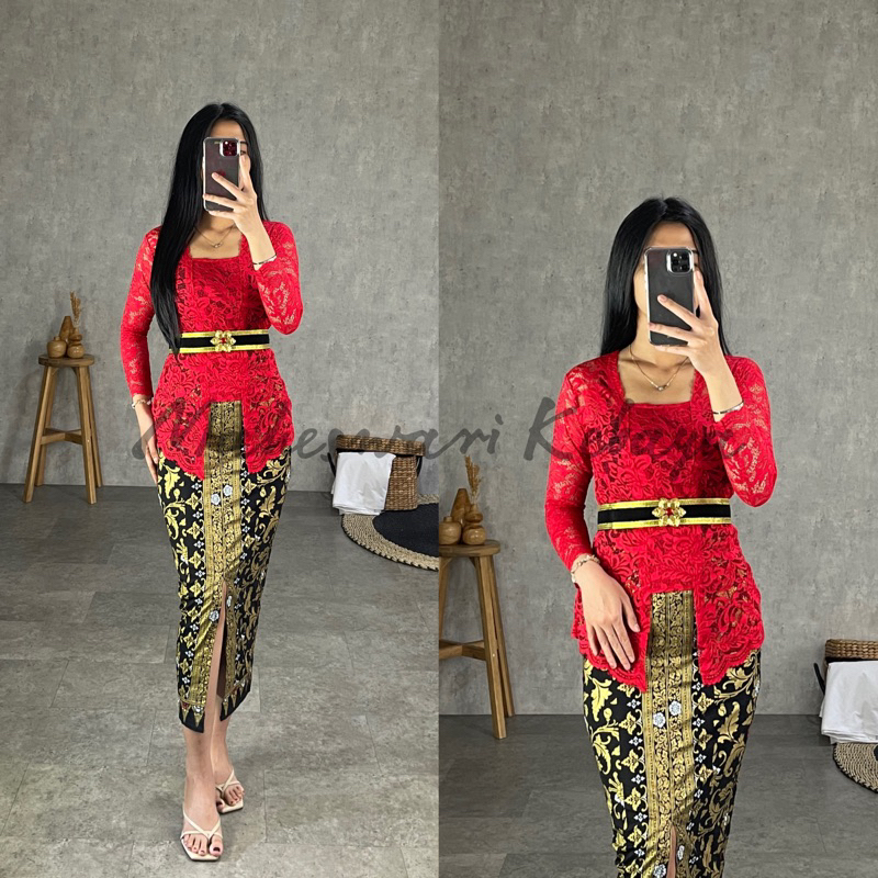 Jual Kebaya Bali Set Brukat Panjang Merah Cabe | Shopee Indonesia