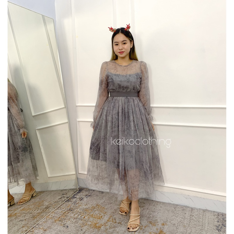 Jual Keikoclothing - Luna Midi Dress - Gaun Korea Chiffon Lapis Furing ...
