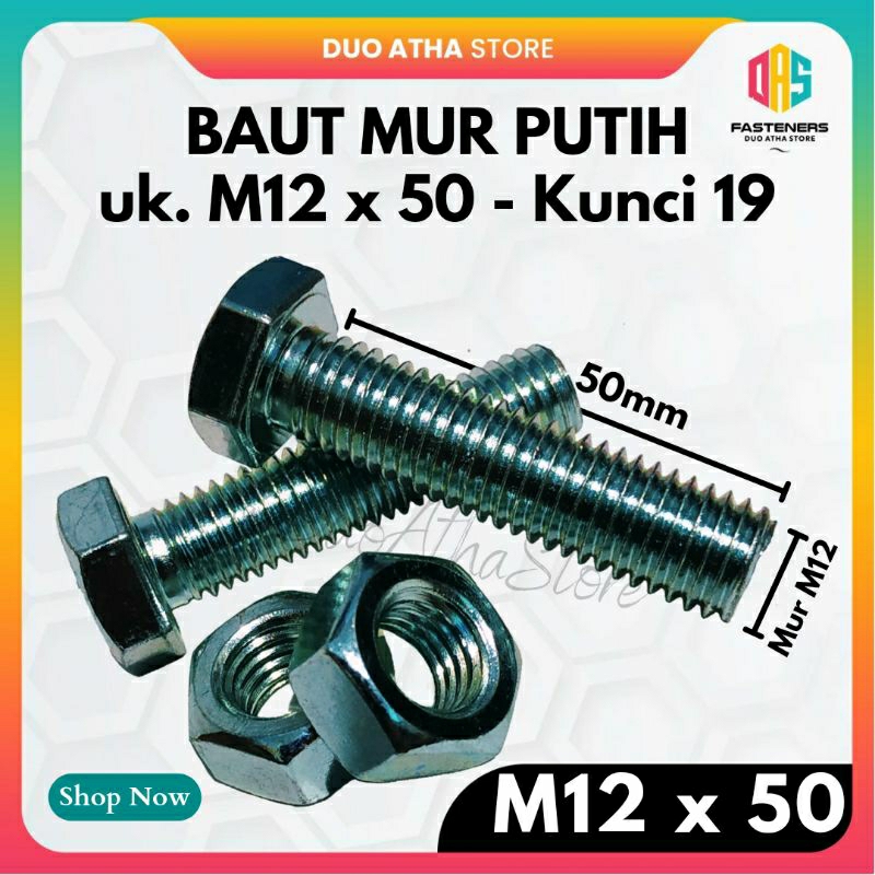Jual BMP M12x50 BAUT MUR PUTIH M12 x 50mm HEX GALVANIS | Shopee Indonesia