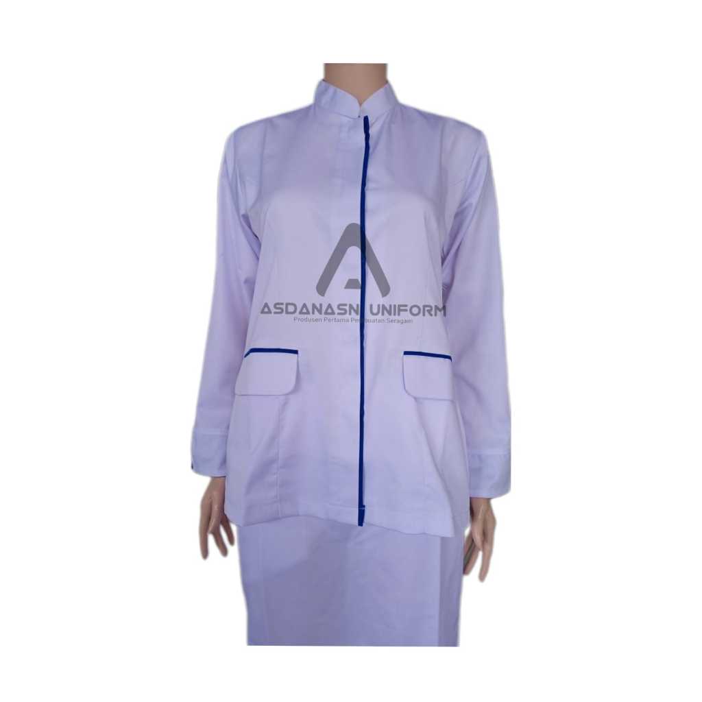 Jual [ List BIRU ] Baju dinas Putih Wanita List BIRU Elektrik / Seragam ...