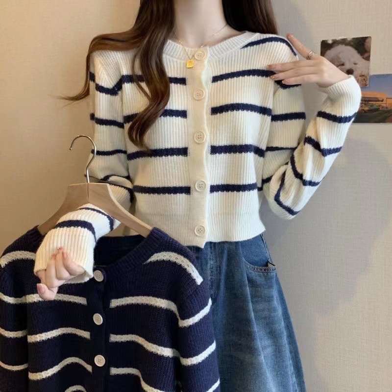 Jual KNIT LONG SLEEVE CARDIGAN RAJUT LENGAN PANJANG WANITA GARIS GARIS MX108 | Shopee Indonesia