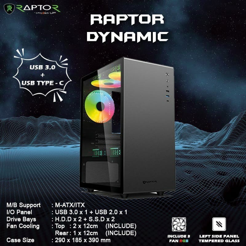 Jual CASING RAPTOR DYNAMIC - mATX GAMING CASE WITH 3 FAN USB Type-C ...