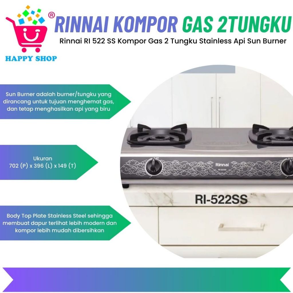 Jual Rinnai RI 522 SS Kompor Gas 2 Tungku Stainless Api Sun Burner ...