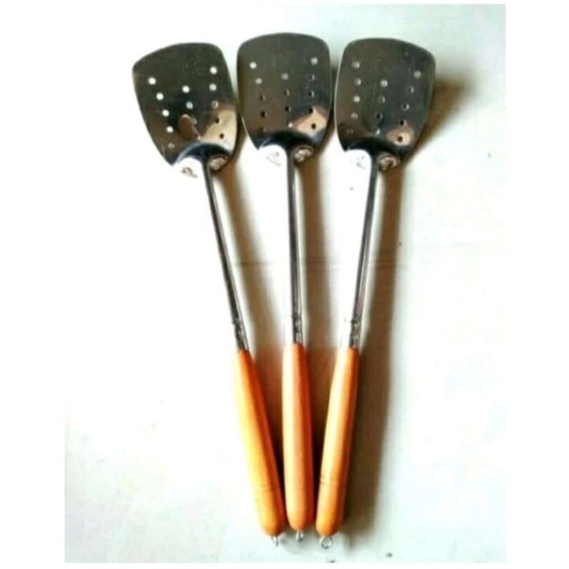 Jual Spatula Sutil wajan /sodet stainless lubang gagang kayu | Shopee ...