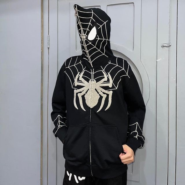 Jual Spider-Man Sweater Coat Gothic Dark Spider Print Hooded Cardigan ...