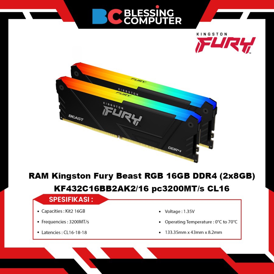 Jual RAM Kingston Fury Beast RGB 16GB DDR4 (2x8GB) KF432C16BB2AK2/16 ...