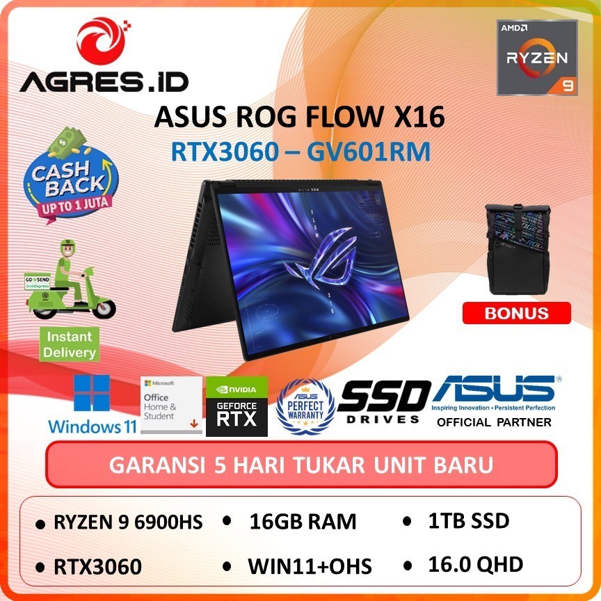 Jual ASUS ROG FLOW X16 GV601RM RYZEN 9-6900HS RTX3060 16GB 1TBSSD QHD ...