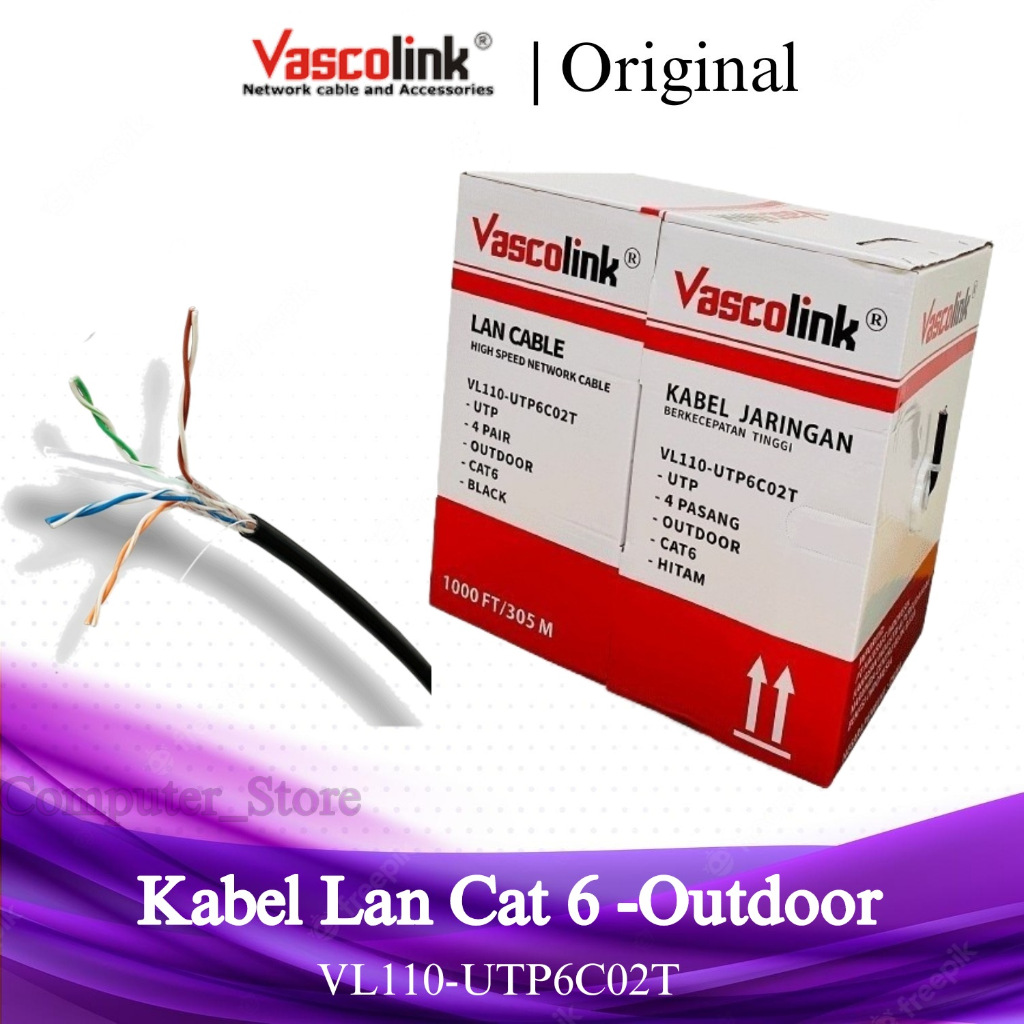 Jual Kabel Lan Outdoor Cat 6 Vascolink 1 Roll UTP Cat6 305 Meter VL110-UTP6CO2T UTP6C02T Cable ...
