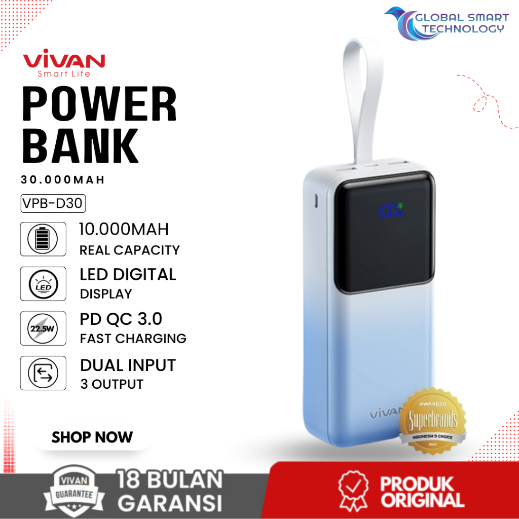 Jual VIVAN VPB-D30 Power bank 30000mAh 22.5W QC PD LED TYPE C 3 Port ...