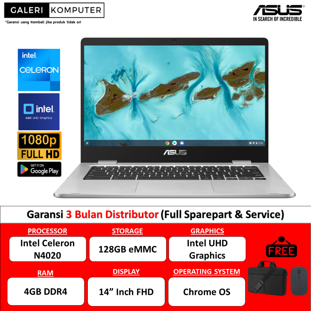 Jual Laptop Sekolah Slim Baru Asus Chromebook C424MA Intel N4020 4GB ...