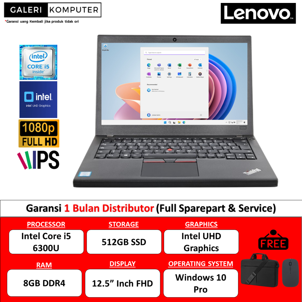 Jual Laptop Slim Lenovo Thinkpad X270 Intel Vpro i5 6300U 8GB 512GB SSD FHD Windows 10 Pro ...