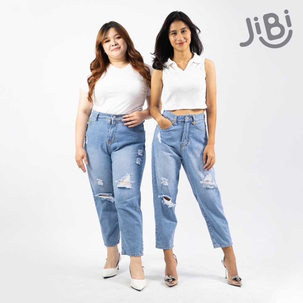 Jual JIBI - Boyfriend Denim Ripped Jeans - Celana Jeans Boyfriend - Big ...