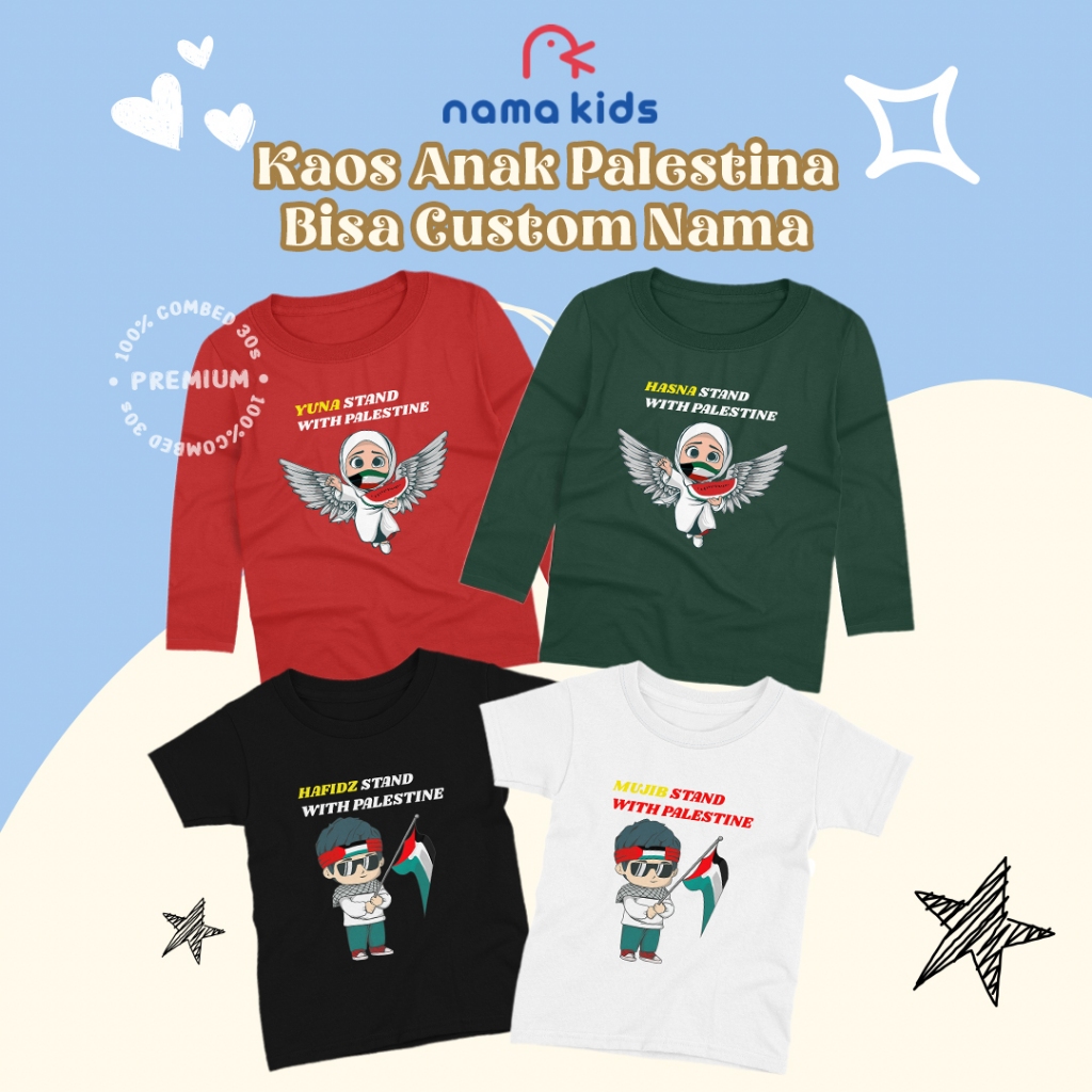 Jual Kaos Anak Palestina Sablon STAND WITH PALESTINE Custom NAMA ANAK ...
