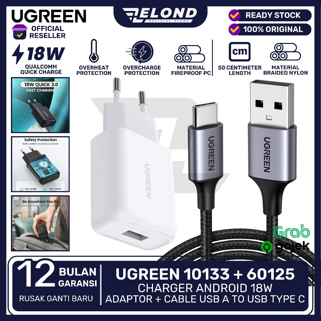 Jual UGREEN Charger Android 18W Adaptor + Kabel USB Type C CD122 70273 ...