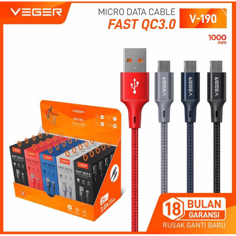 Jual Kabel data VEGER V190 MICRO , V200 TYPE C , V210 LIGHTNING 3A fast ...